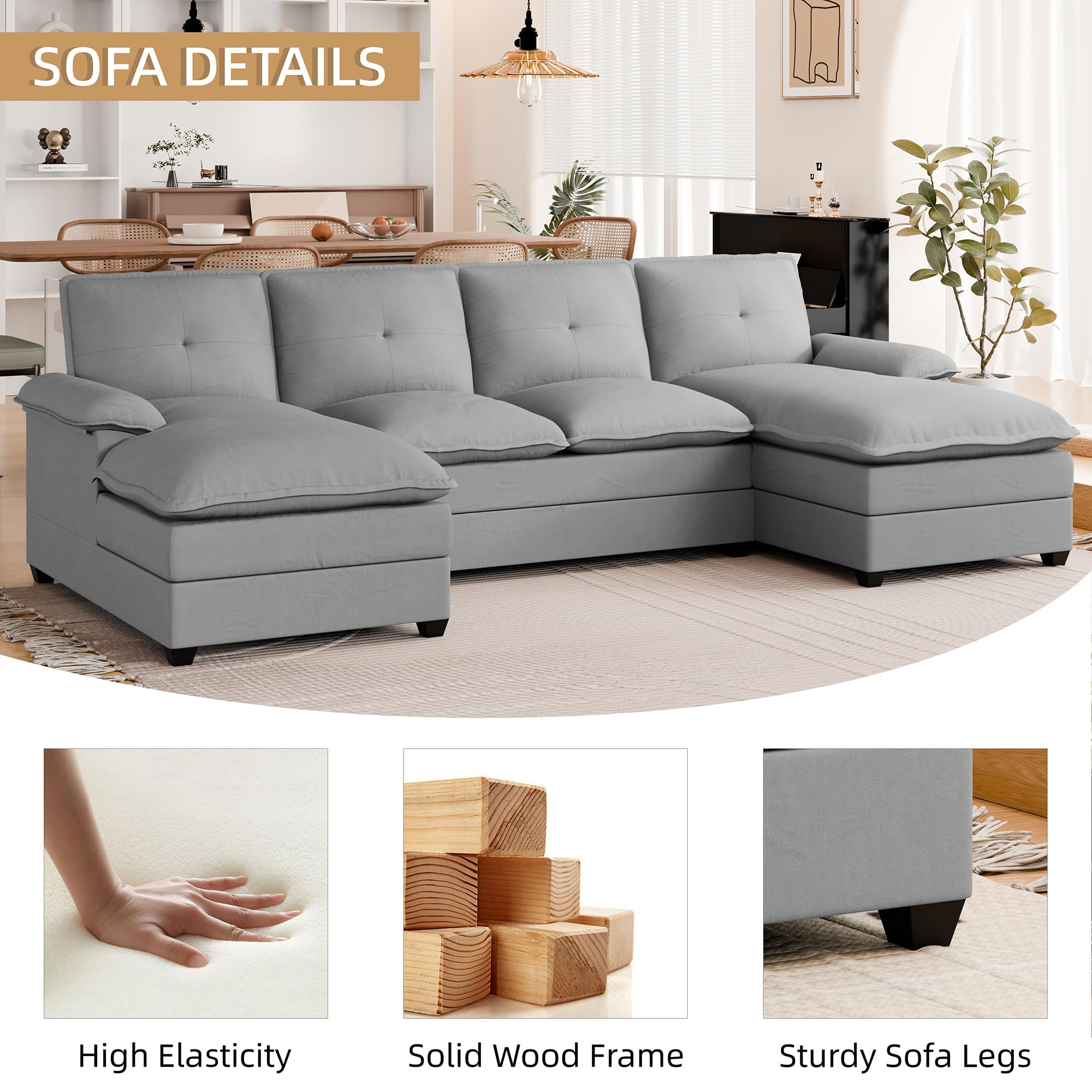 JAMFLY Sectional Couches for Living Room, U-Shaped Couch 4 Seat Sofas with Double Chaises, Modular Sectional Sofa Set for Apartment Furniture for Apartment, Light Grey