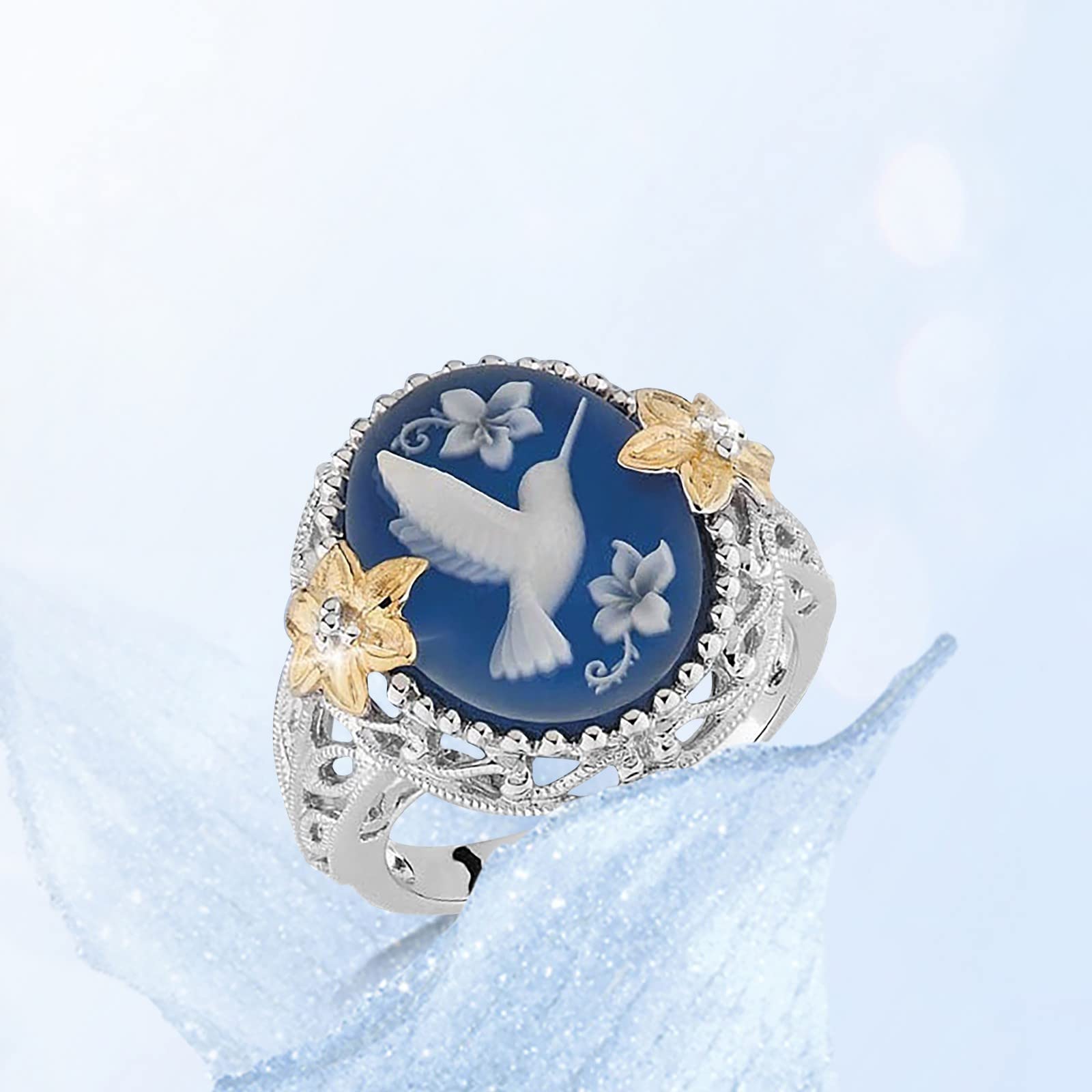 Flower Hummingbird Ring for Women CZ Simulated Diamond Ring Engagement Wedding Band Vintage Rings (A, 9)