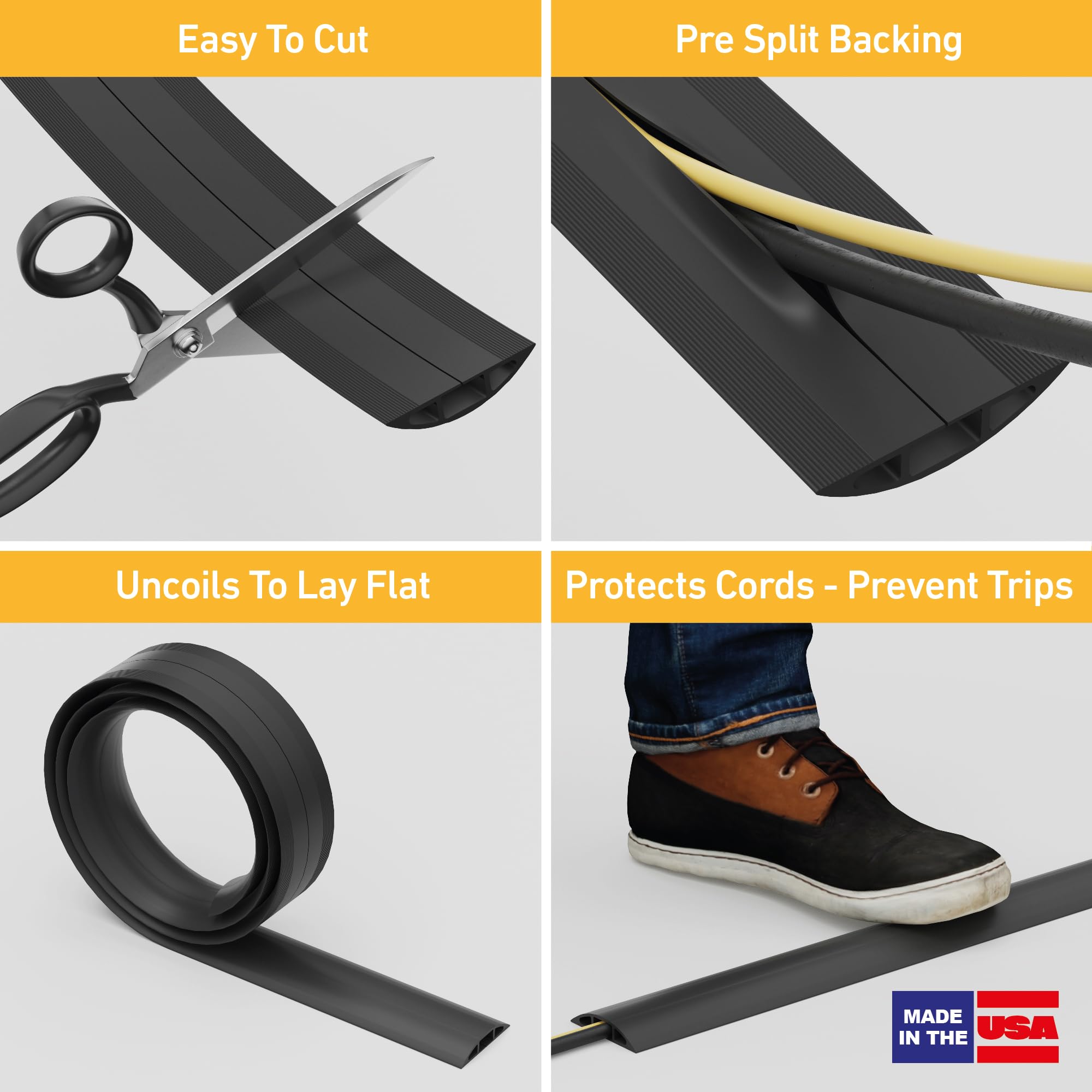 D-Line 6ft Floor Cord Cover, Cable Protector, Hide Extension Cords, Protect Cords, Prevent Cable Trips, Heavy Duty Cord Hider - Cable Cavity = 0.63" (W) x 0.31" (H) - Black