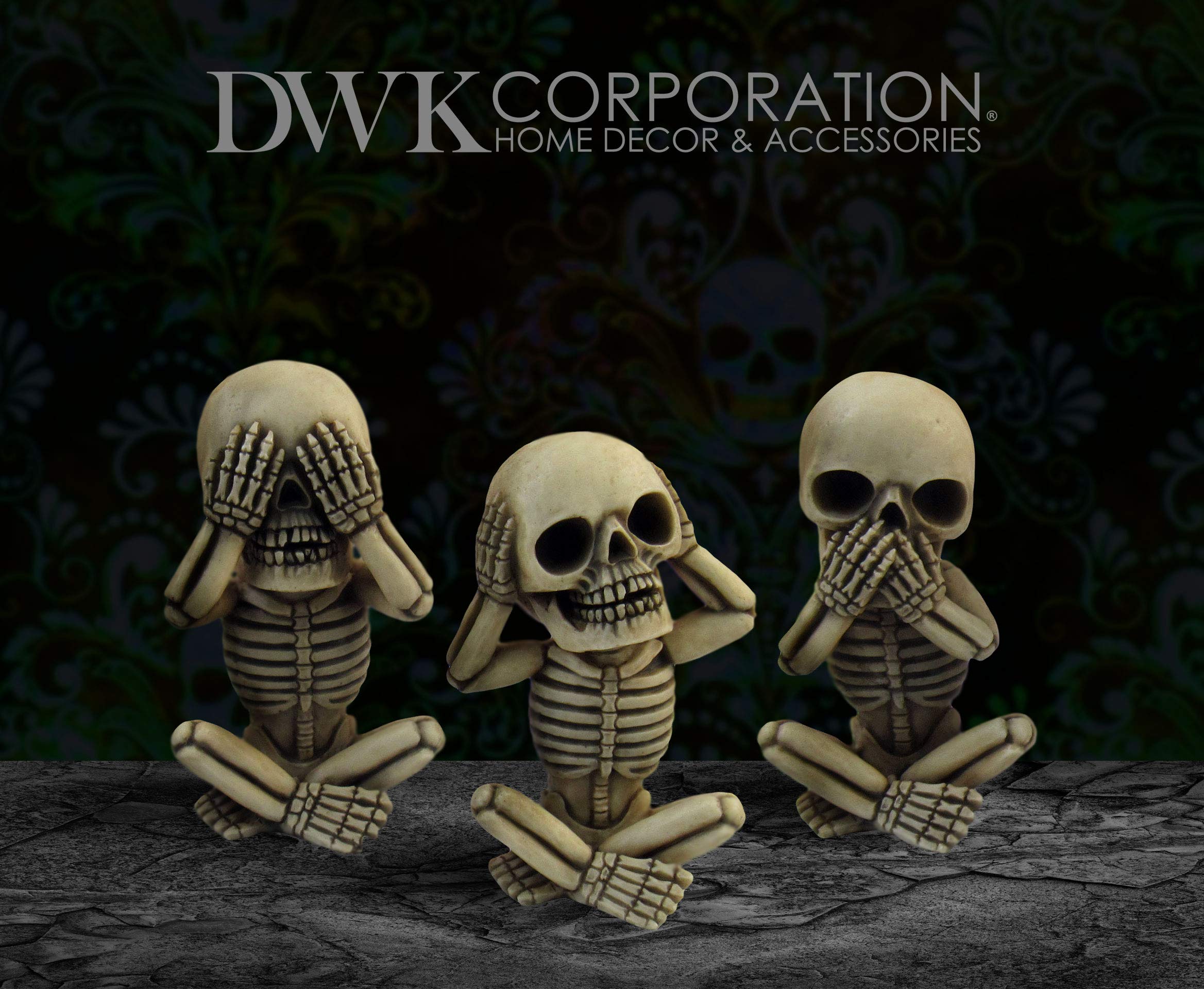 DWK Morbid Morals See Hear Speak No Evil Mini Skeleton Figurines | Macabre for Halloween Gothic Home Decor | Office Desk Decorations | Halloween Decorations - 4" (Set of 3)