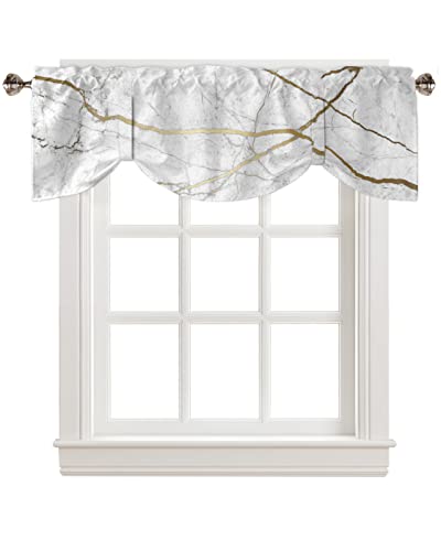 Yun Nist Tie Up Curtain Valance for Kitchen,White Marble Gold Crack Inlay Window Valances Adjustable Tie-up Shade Valance,Fashion Abstract Geometric Art Rod Pocket Short Curtains for Bathroom 42x12in