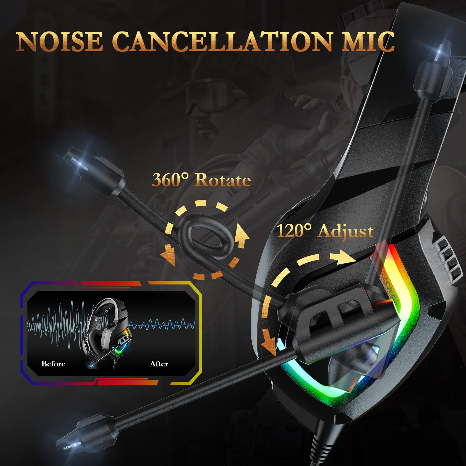 Gaming Headset for PS4 PS5 Xbox one PC, PS4 Headset with Noise Cancelling Mic, RGB Light, Soft Memory Earmuffs for Mac Laptop