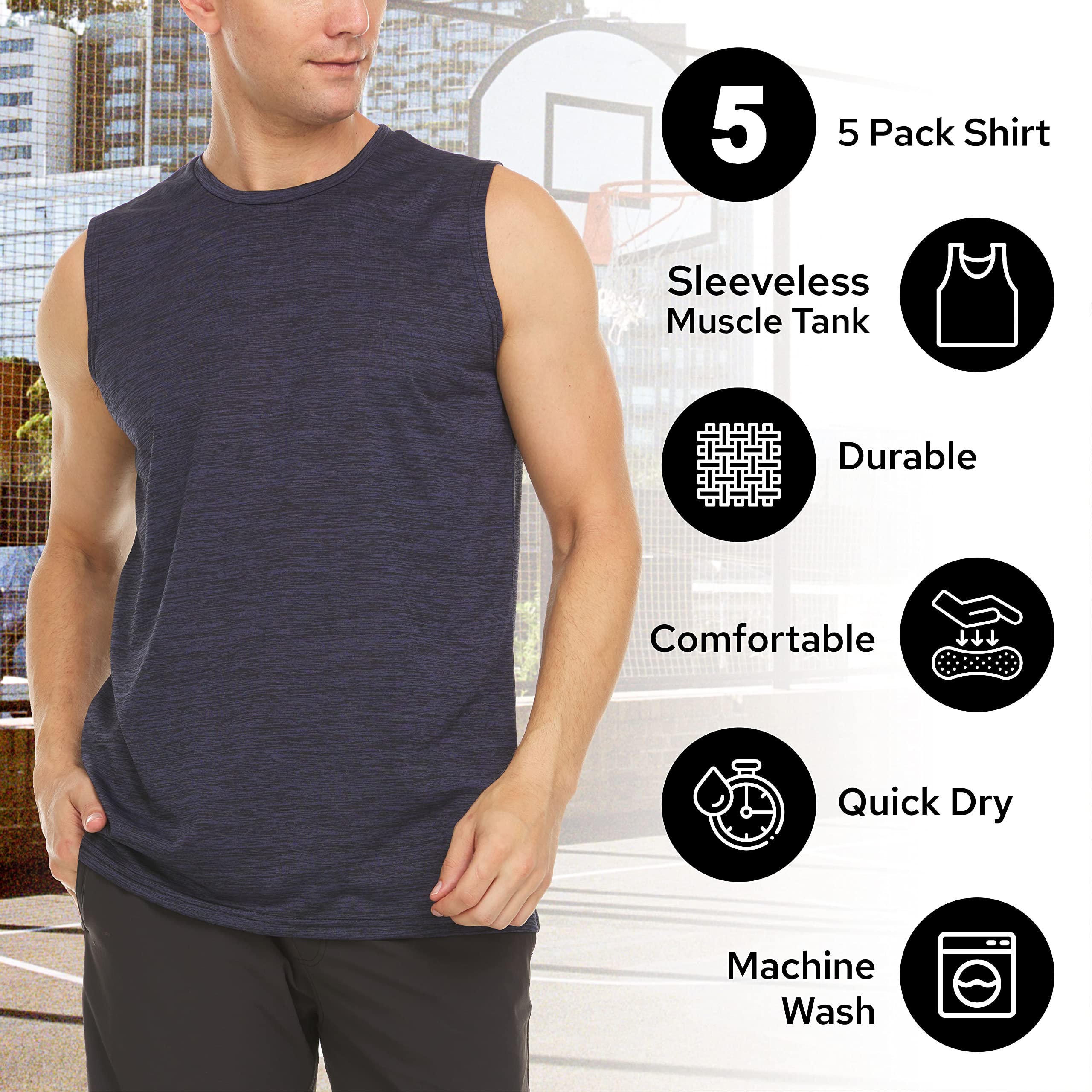 Essential Elements 5 Pack: Men's Active Quick-Dry Athletic Workout Training Gym Muscle Sleeveless Tank Top