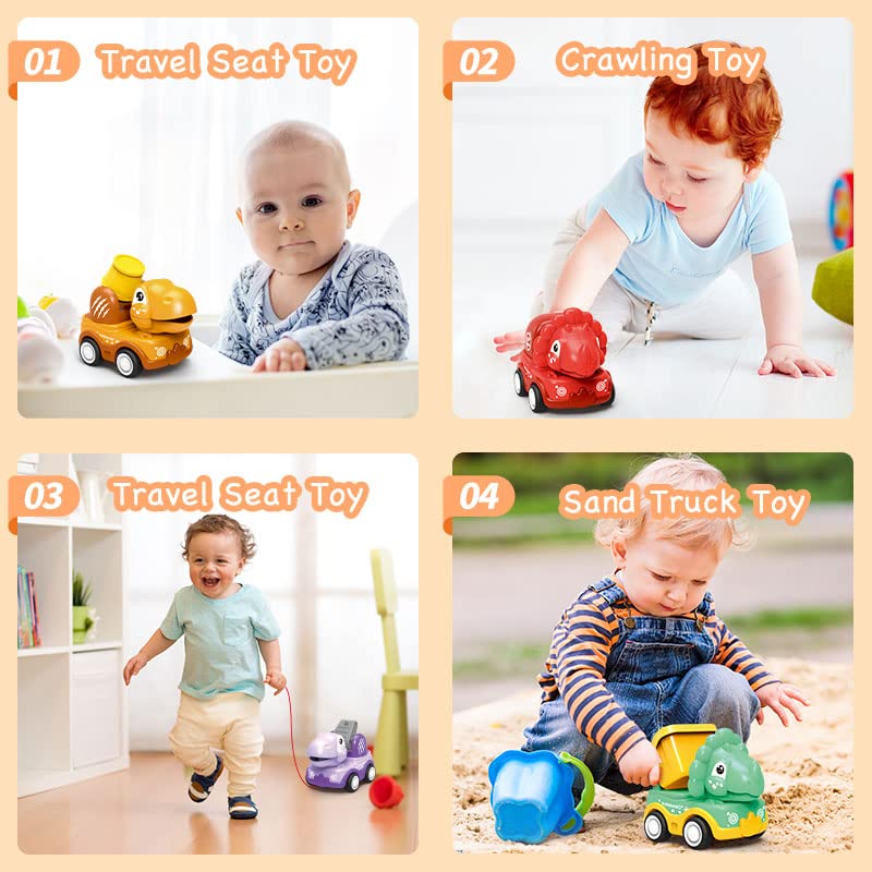 Flypear Toy Cars for 1 Year Old Boy, Dinosaur Pull Back Construction Vehicles with Storage Bag, 6PCS Monster Truck for Toddlers 3-5, Friction Power Cartoon Car Easter Gift