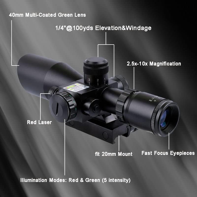 CTOPTIC 2.5x-10x40 Riflescope with Mil-Dot Reticle & Illuminated Reticle Green Laser for Hunting (red Laser)