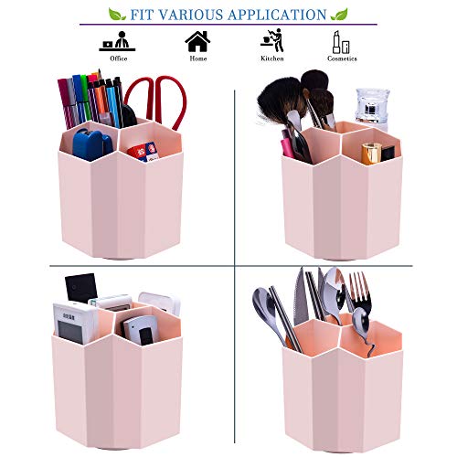 Siveit Pen Holder, 360° Rotating 5 Grid Pen Holder Stand Office Supplies Storage Organize for Desk Cute Pencil Cup Pot for Home, Office, Kids (Peach Pink)