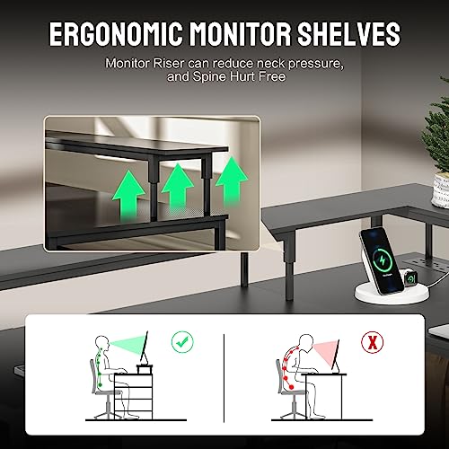 WASAGUN 55" Gaming Desk L Shaped with Power Outlet and LED Lights,Corner Computer Desk with Monitor Stand Storage Shelves for Home Office Gamer Desk