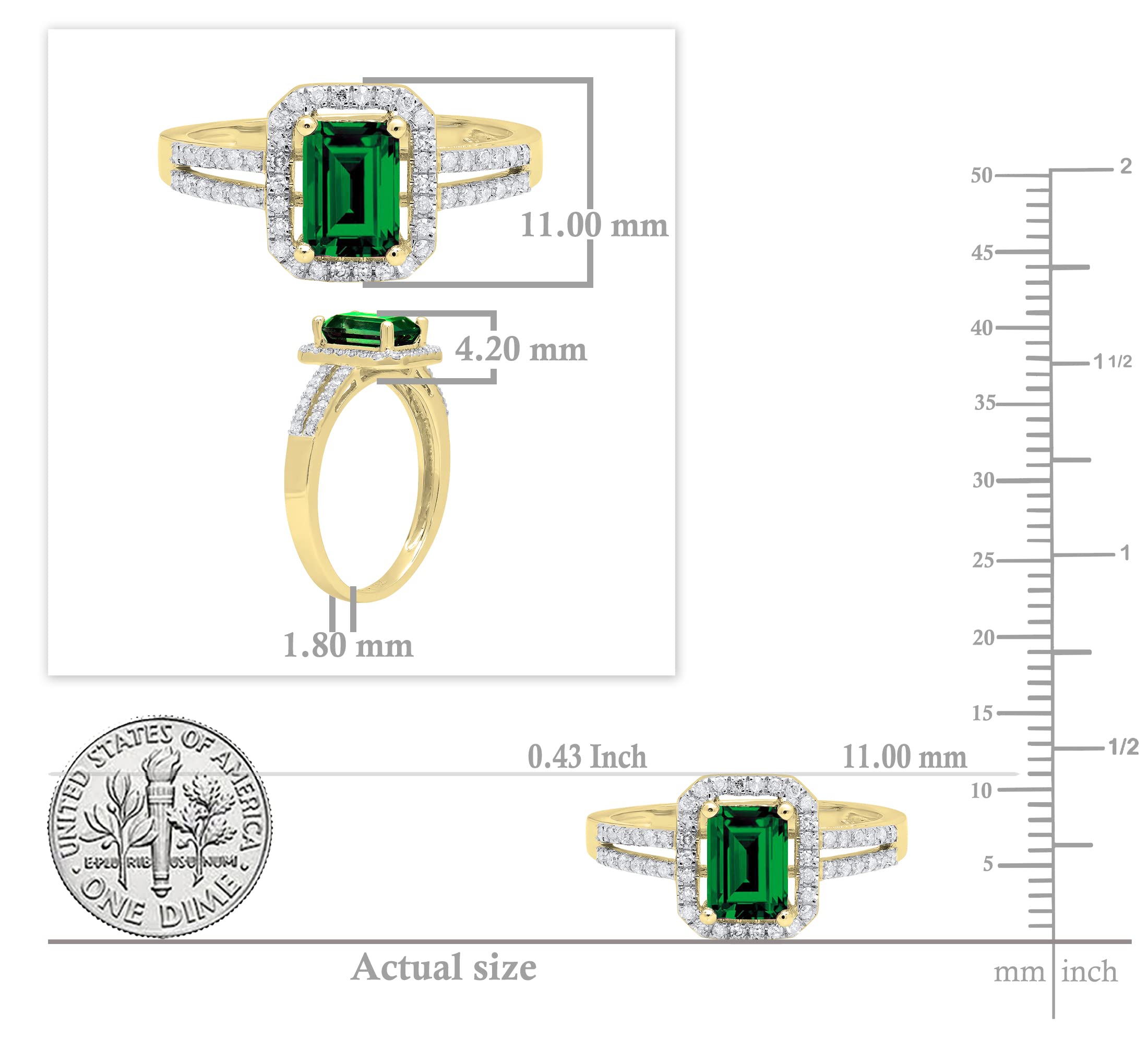 Dazzlingrock Collection 14K 7X5 MM Emerald Shape Created Emerald & Round Diamond Women Ring, Yellow Gold, Size 10