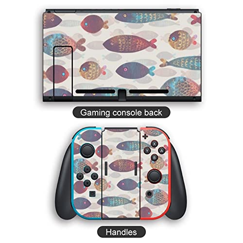 Funny Colorful Watercolor Fish Art Cute Skin Decal Stickers Compatible with Switch Protective Faceplate Full Set Console