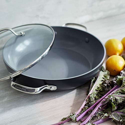 GreenPan Valencia Pro Hard Anodized Healthy Ceramic Nonstick 3.8 Quart Sauteuse Pan with 2 Handles and Lid, PFAS-Free, Induction, Dishwasher Safe, Oven Safe, Gray