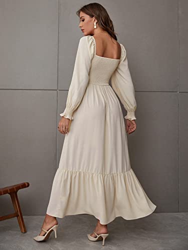 WDIRARA Women's Square Neck Flounce Shirred Ruffle Hem Elegant Long Sleeve Maxi Dress Apricot L