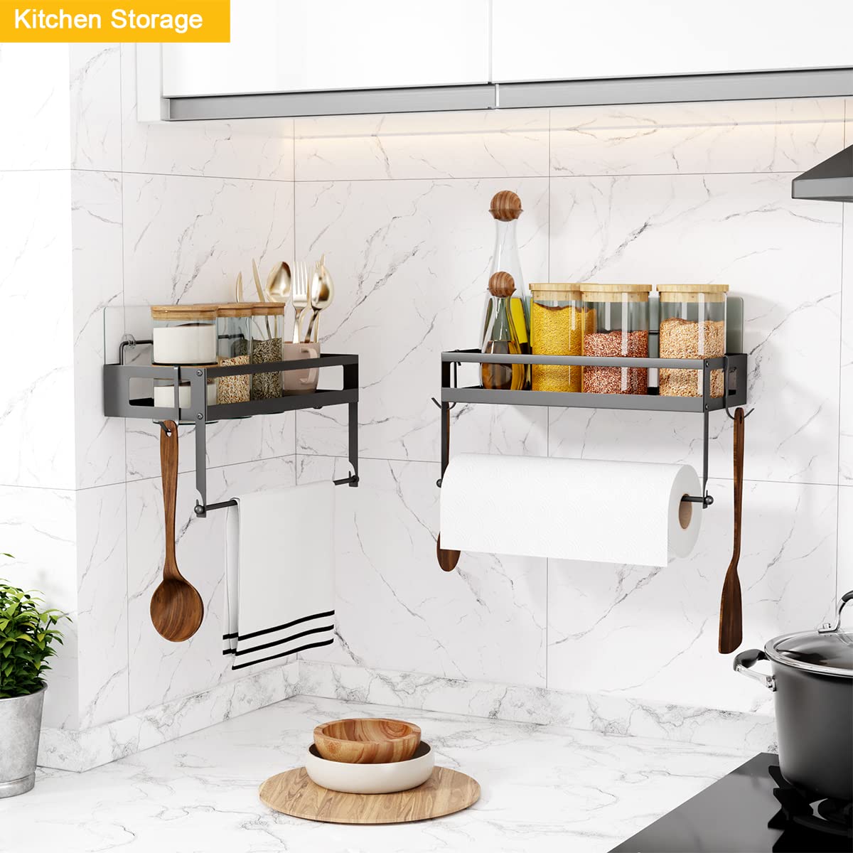 ESOW Paper Towel Holder with Shelf Storage, 2-in-1 Wall Mounted Paper Towel Roll Rack Basket for Kitchen, Balcony & Bathroom, Self-Adhesive or Drilling Installation, SUS304 Matte Black Finish