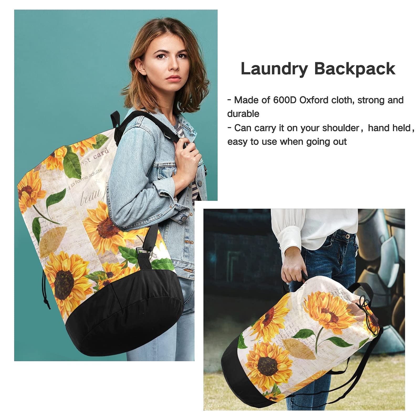 Sunflowers Laundry Bag Backpack with Shoulder Straps Daisy Dirty Clothes Organizer Extra Large Heavy Duty for Camp College Dorm Room Essentials for Girls