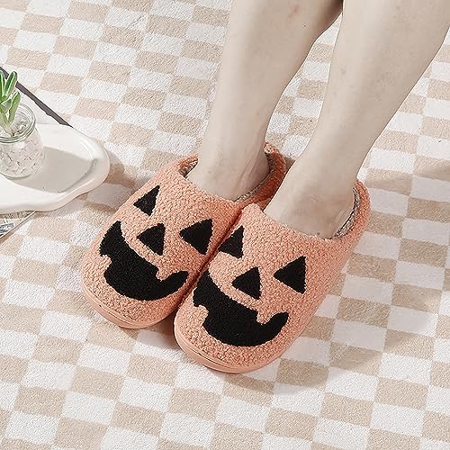 ODYQIG Halloween Pumpkin Slippers for Womens Mens Plush Warm Spooky Lantern Pumpkin Slippers House Shoes Black-41-42