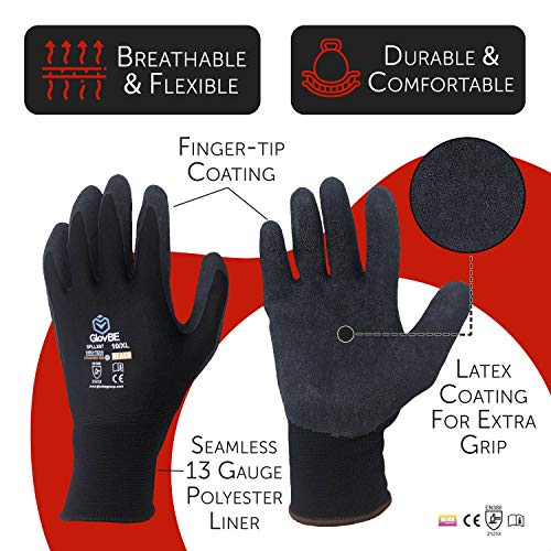 GlovBE 12 Pairs Grip All-Purpose Work Gloves with Latex Coated Palm, Black (XL)