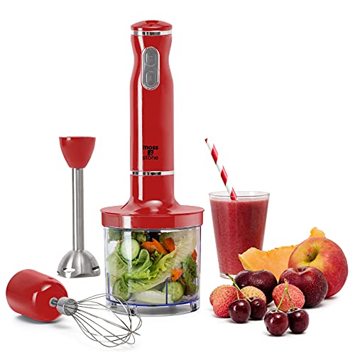 Moss & Stone Hand Blender Electric - With Egg Whisk & Chopper, Powerful 300- Watt - Immersion Hand Blender, Hand Mixer Set Stainless Steel Shaft & Blades, Handheld Blender With Ergonomic Handle, Red Blender