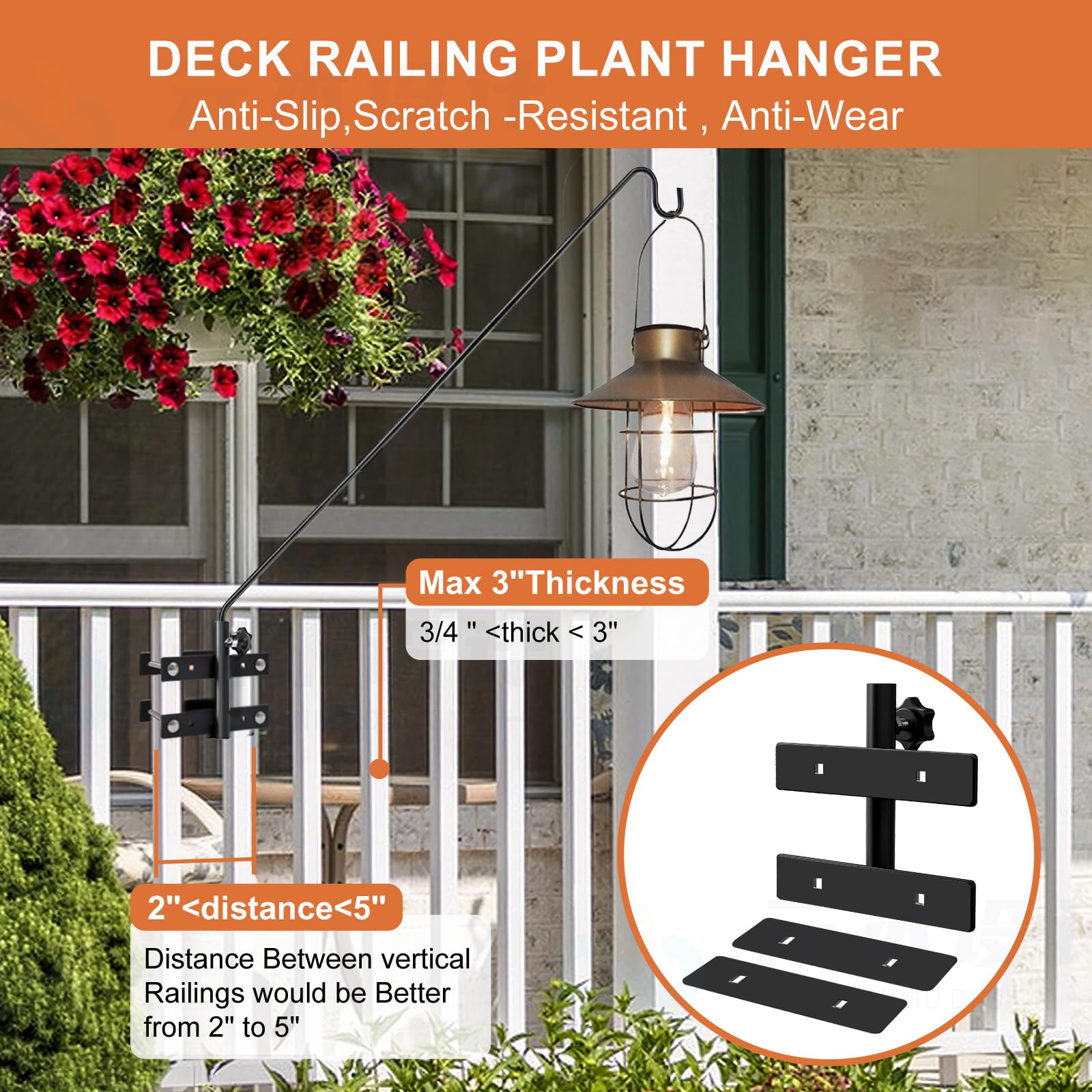 IVOODi Heavy Duty Deck Hook-Deck Railing Plant Hanger, 29 to 43 Inch Extended Bird Feeder Hanger W/Double Clamps,Versatile Deck Shepherd Hook for Hanging Bird Feeders,Lanterns,Planters etc.
