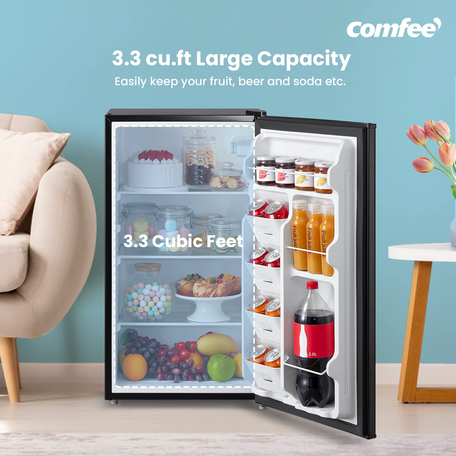 COMFEE' CRM33S3ABB 3.3 CuFt mini fridge Singel Door small Fridge for Bedroom Office Garage Studio Dorm, mini Refrigerator Black & Midea MRU03M2ABB Upright Freezer Large Black, 3.0 Cubic Feet