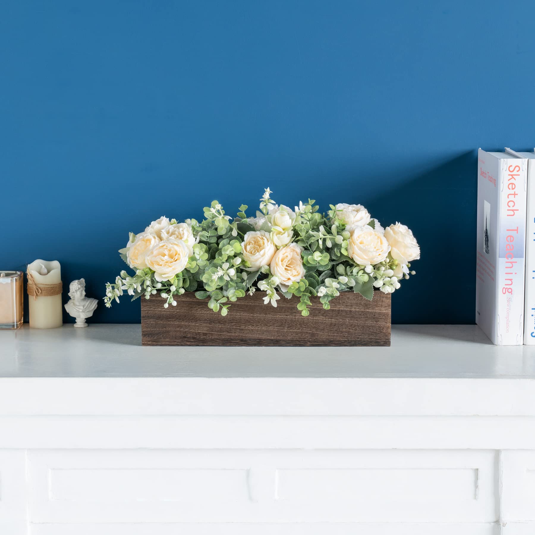 Dahey Centerpiece Table Decorations for Dining Room Farmhouse Living Room Table Centerpieces Decor Wood Tray with 3 Artificial Flowers and 2 Eucalyptus for Kitchen Table, 14.1" x 4.7" x 3.1"