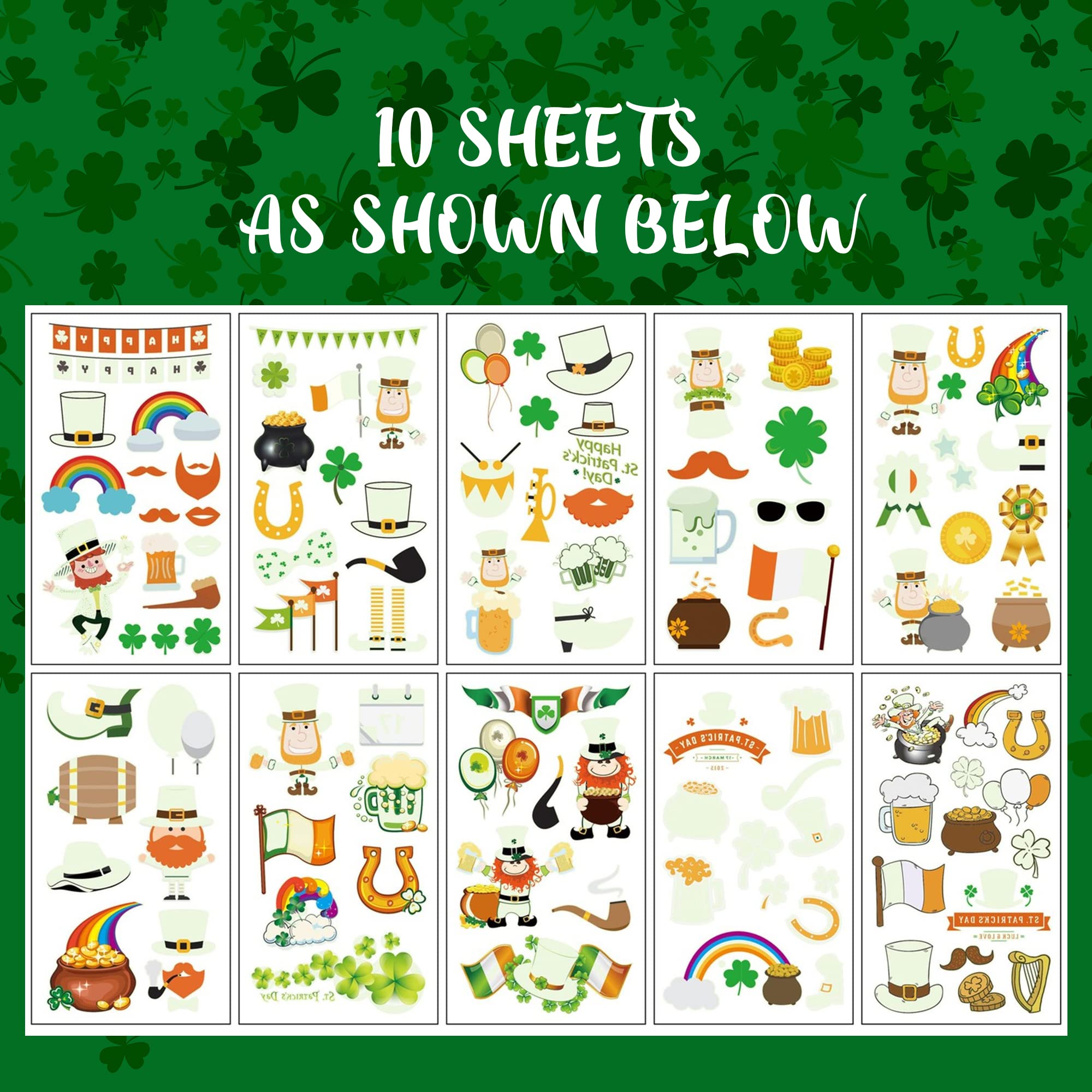 IWANTDIY St Patrick Shamrock Temporary Tattoos, 10 Sheets, Color 02, Waterproof