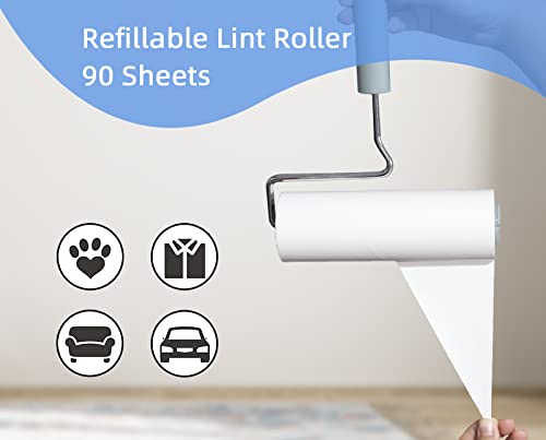 YabeePet Extreme Sticky Large Surface Lint Roller, Long Handle Pet Hair Remover, Designed for Removing Pet Dog Cat Hair 90 Sheets per Roll, 6.3 inch Width (1 Roller+2 Refills)