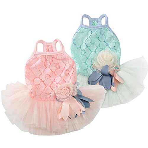 MSNFOASM 2Pack Dog Sweetie Flower Mesh Dress,Dog Lace Tutu Skirt Wedding Dress for Small Girl Dogs Cats（Pink&Green M）