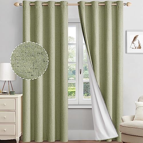 MIULEE Linen Textured 100% Blackout Curtains for Bedroom 84 Inches Long Sage Green Thermal Insulated Black Out Curtains/Draperies with White Liner for Living Room/Nursery, Grommet Top, 2 Panels