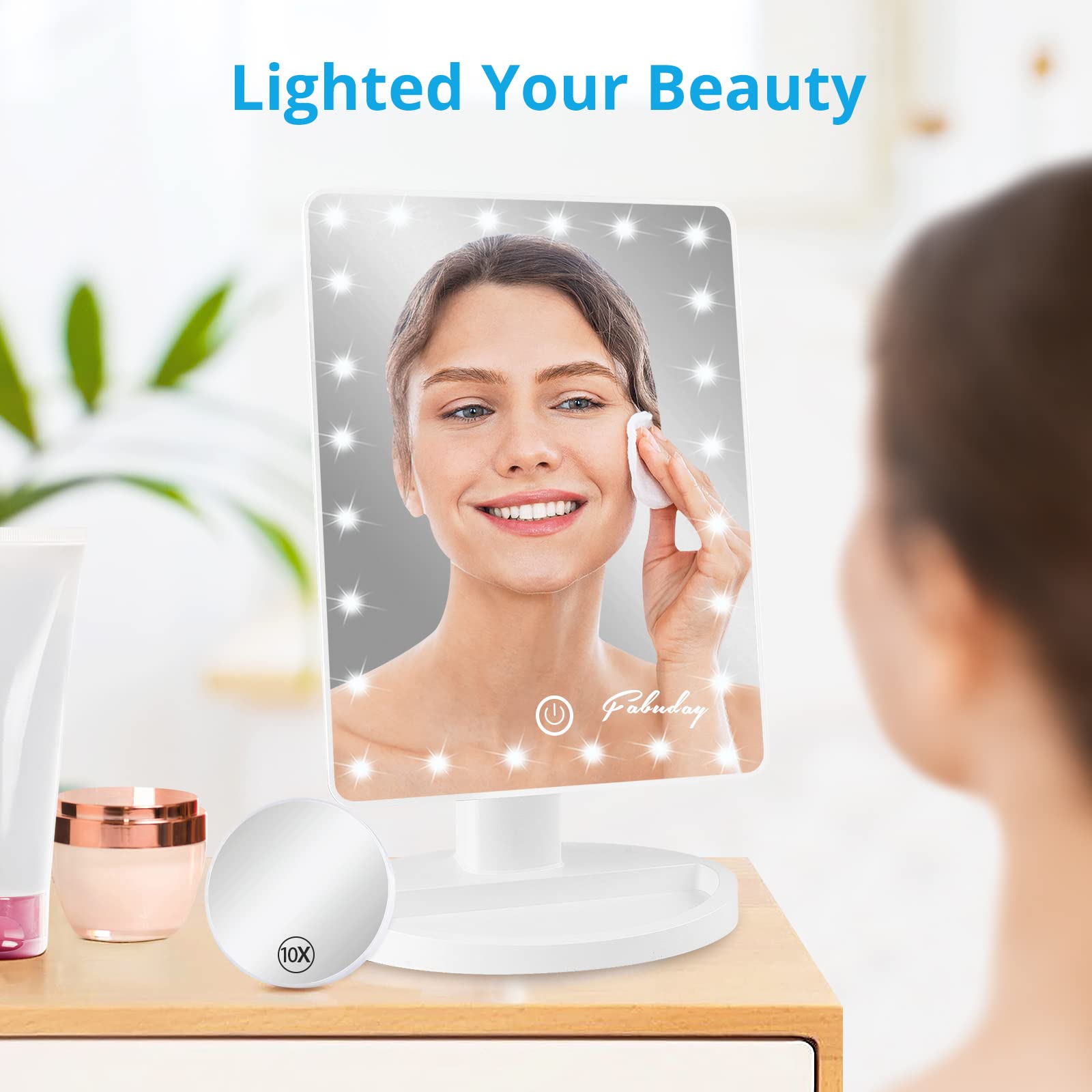 Fabuday Makeup Mirrors with Lights - Fabuady Lighted Makeup Mirror with Detachable 10X Magnification, Light Up Mirror Touch Screen and Light Adjustable, 180° Rotation, Powered by Battery, White