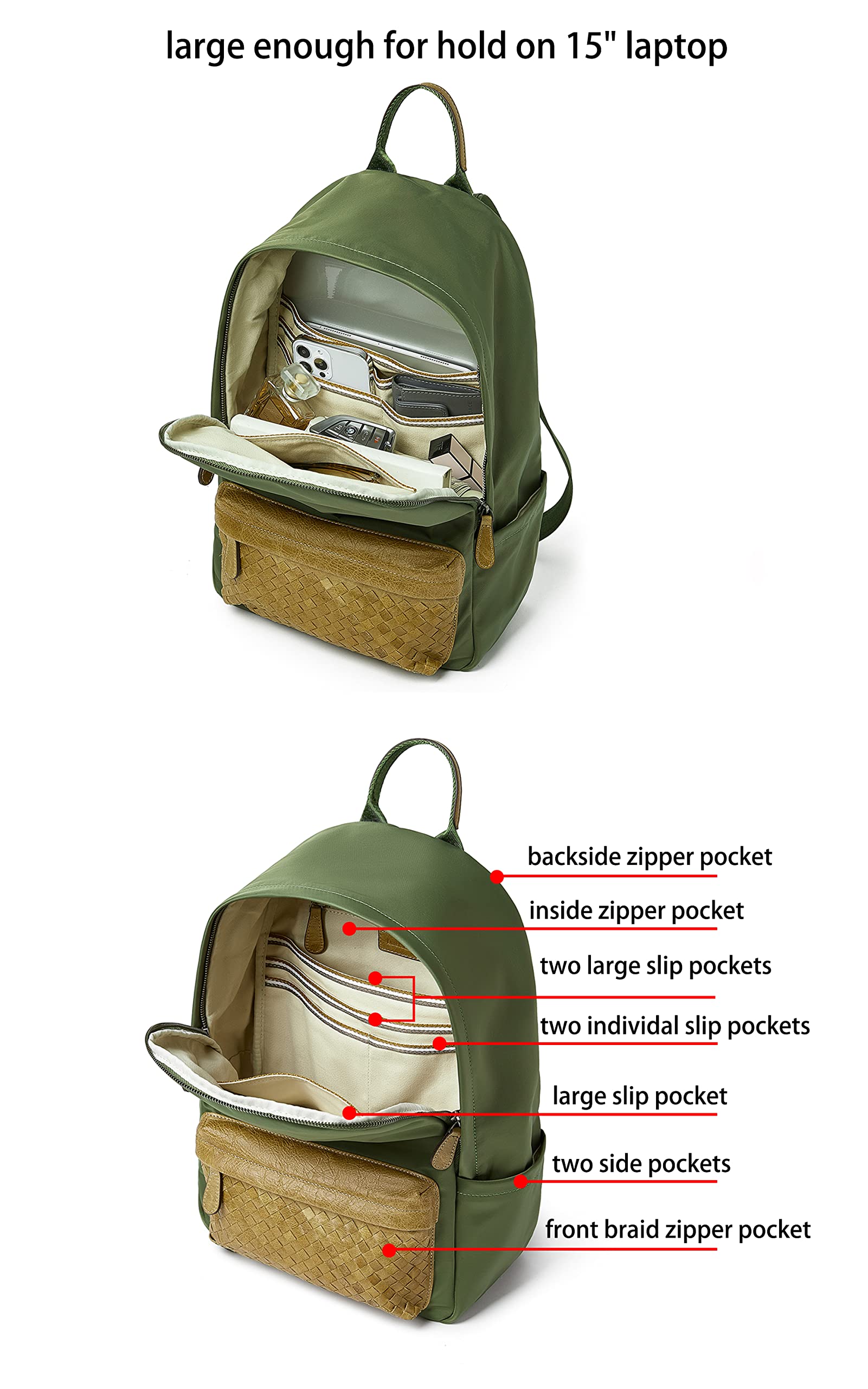 Daiblueland Casual Daypack Backpack For Women Unisex Large Lightweight Travel Rucksack With Leather Pockets(Army Green) (BACK-001)