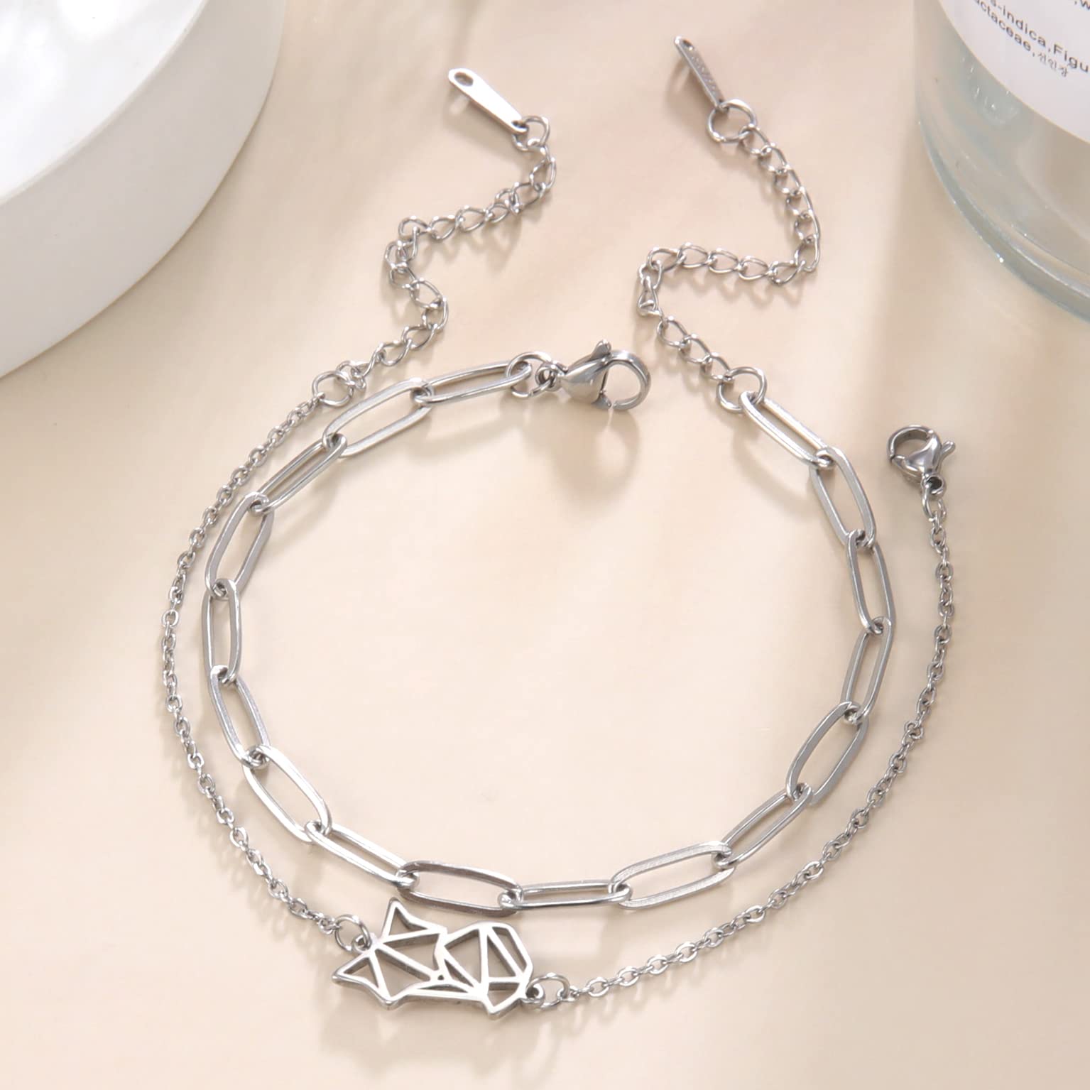 EUEAVAN Cute Animal Fox Pendant Layered Bracelet Charm Simple Creative Nine-tailed Fox Jewelry Girl Woman Girlfriend (Silver Fox)
