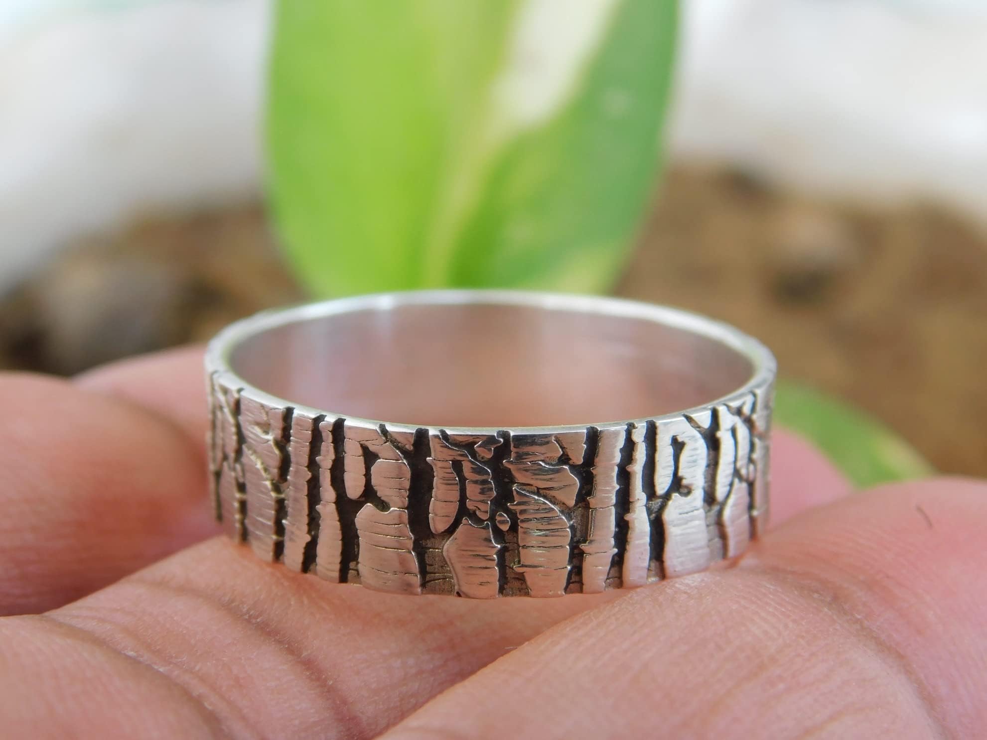 Forest band ring, Wedding Band, Forest Jewelry, 925 Sterling Silver Engraved Ring, Birch Tree Ring, Designs Hammered Tungsten, Gift, silver band ring (13)