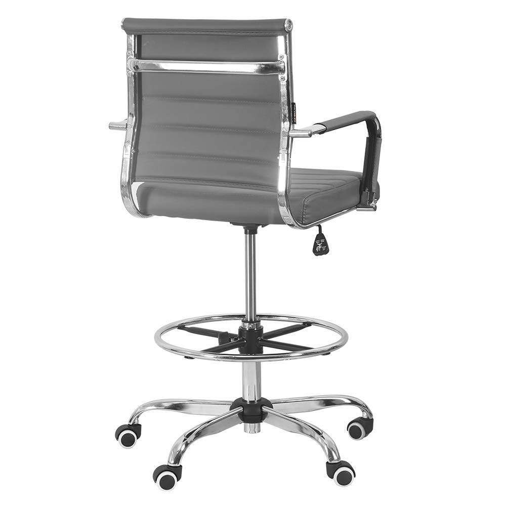 Drafting Chair Stool with Footring,Computer Chair with Arm PU Wrap,Footrest Height Adjustable,Padded Tall Ribbed,Back Support ,Swivel Rolling,Footrest,Office Chair Swivel Computer Task Chair (Grey)
