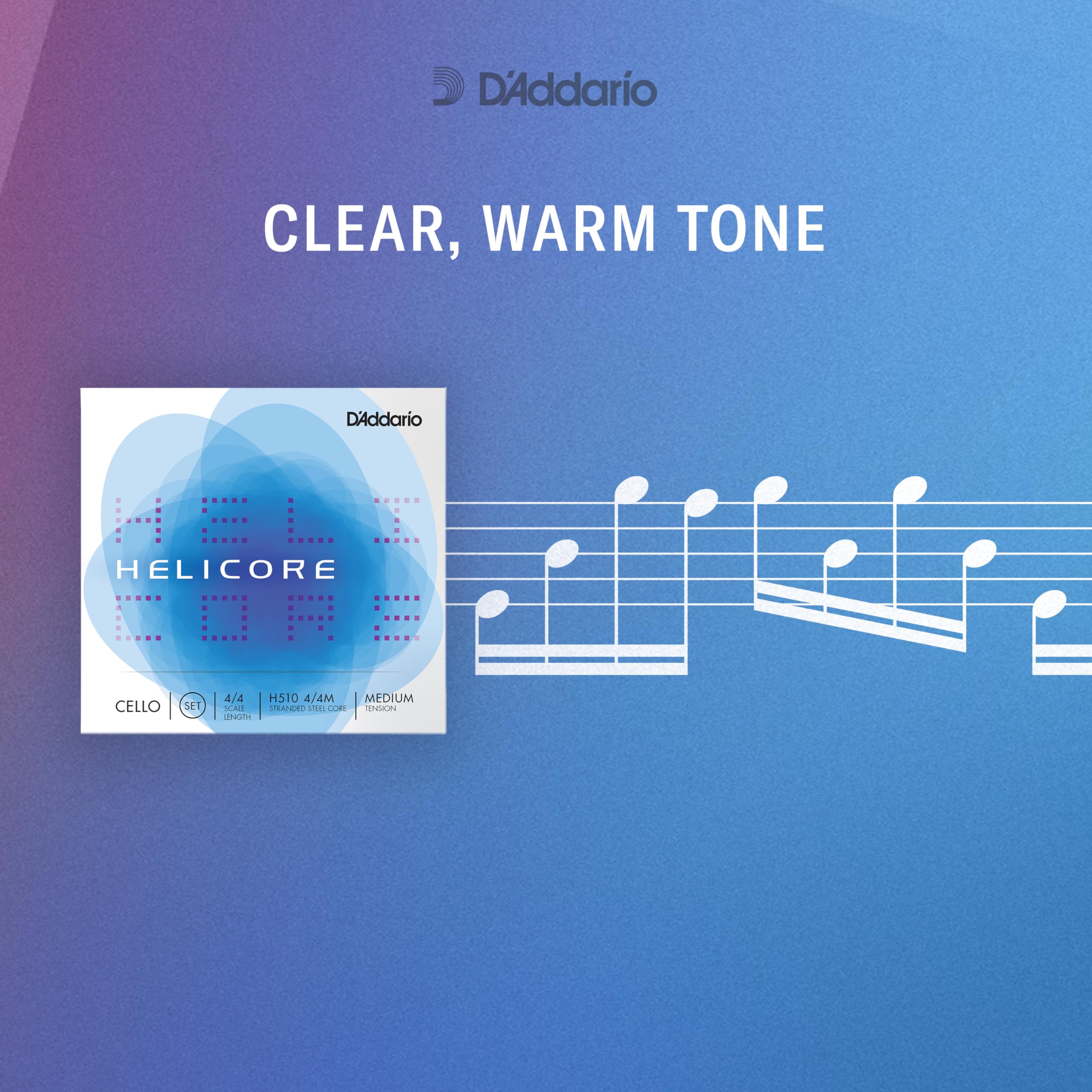 D'Addario H510 Helicore Cello String Set, 4/4 Scale Medium Tension (1 Set)– Stranded Steel Core for Optimum Playability and Clear, Warm Tone – Versatile and Durable – Sealed Pouch Prevents Corrosion