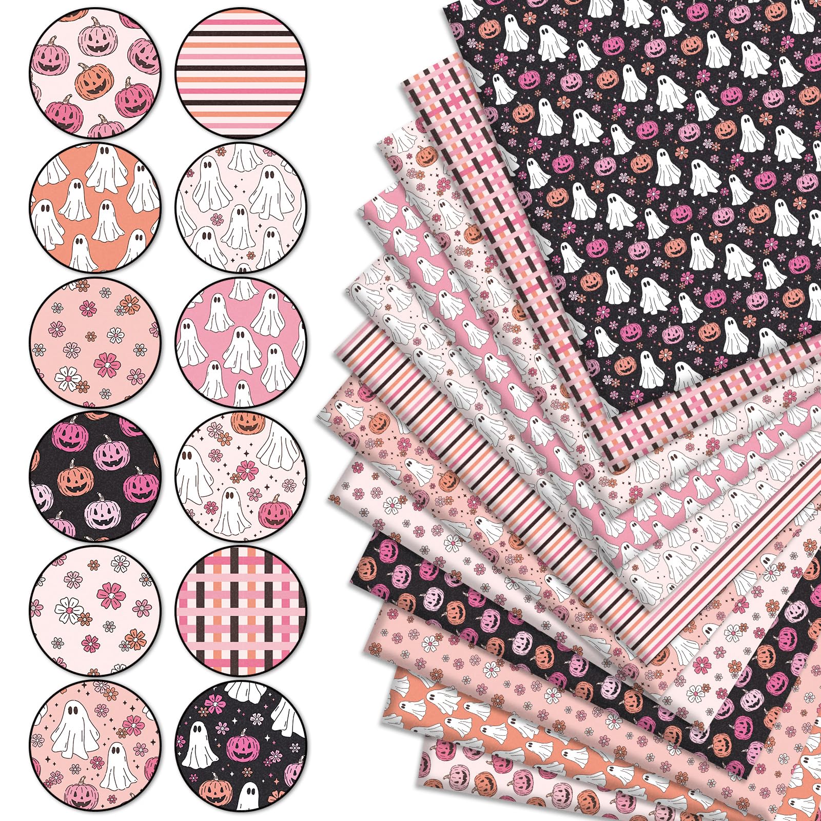 JarThenaAMCS 12Pcs Halloween Cotton Fabric Bundles 18 x 22 Inch Pumpkin Ghost Flower Fat Quarters Pink Black Holiday Sewing Fabrics for DIY Craft Party Decor