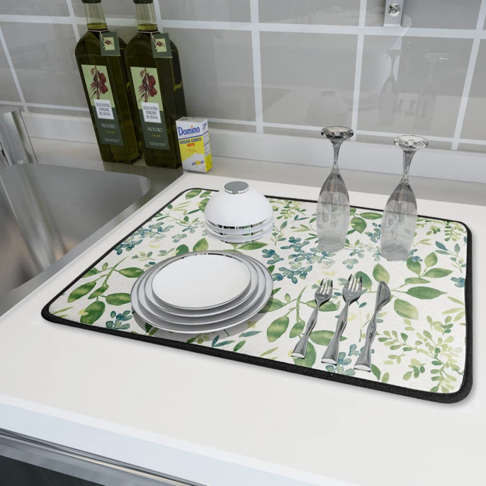 Green Leaves Branches Dish Drying Mat for Kitchen Counter 18x24 Inch Washable Microfiber Drying Mat Spring Floral Absorbent Drying Pad with Hanging Loop for Home Coffee Bar Decoration