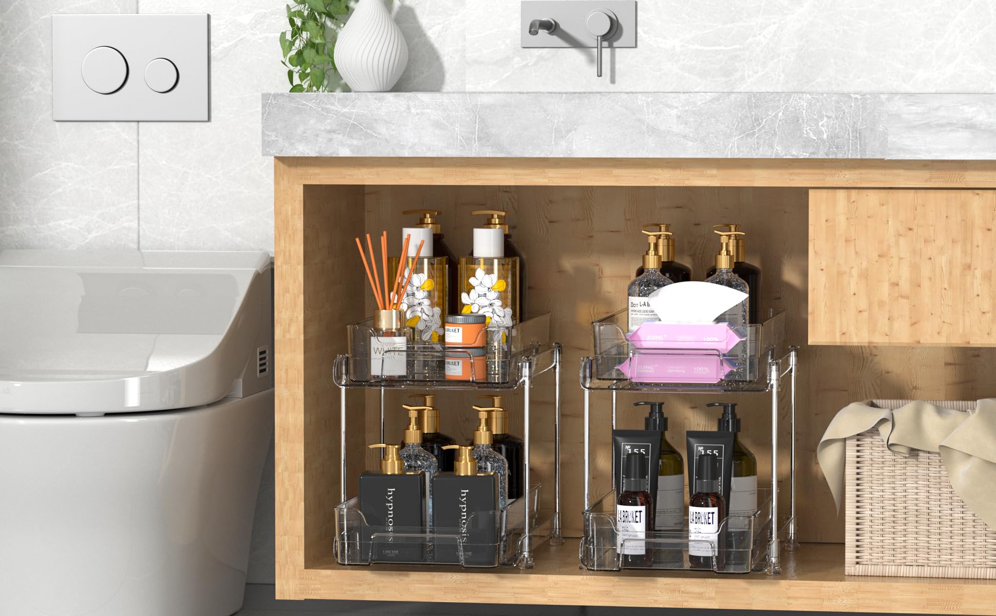 DEKAVA Under Sink Organizer 2 Pack,Bathroom Cabinet Organizer,2 Tier Sliding Cabinet Basket Organizer Drawer, Multi-Purpose Bath Collection Baskets for Bathroom (Clear)