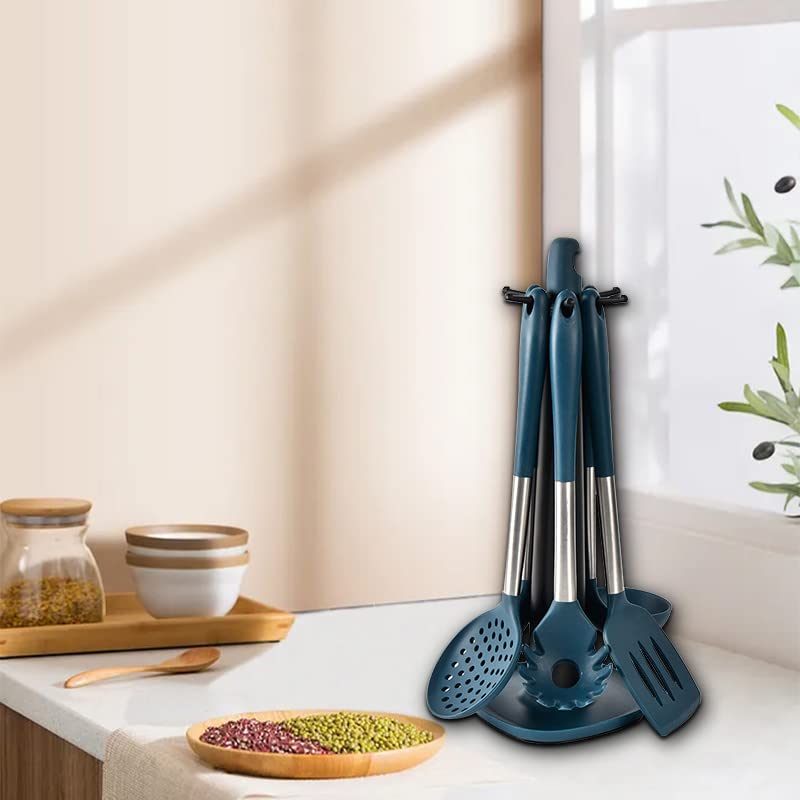 DE'VELO kitchen Cooking Utensils Sets 7pcs Silicone Kitchen Utensils Non-stick Heat Resistant Silicone Kitchen Tools with Stainless Steel Handle for Home Kitchen