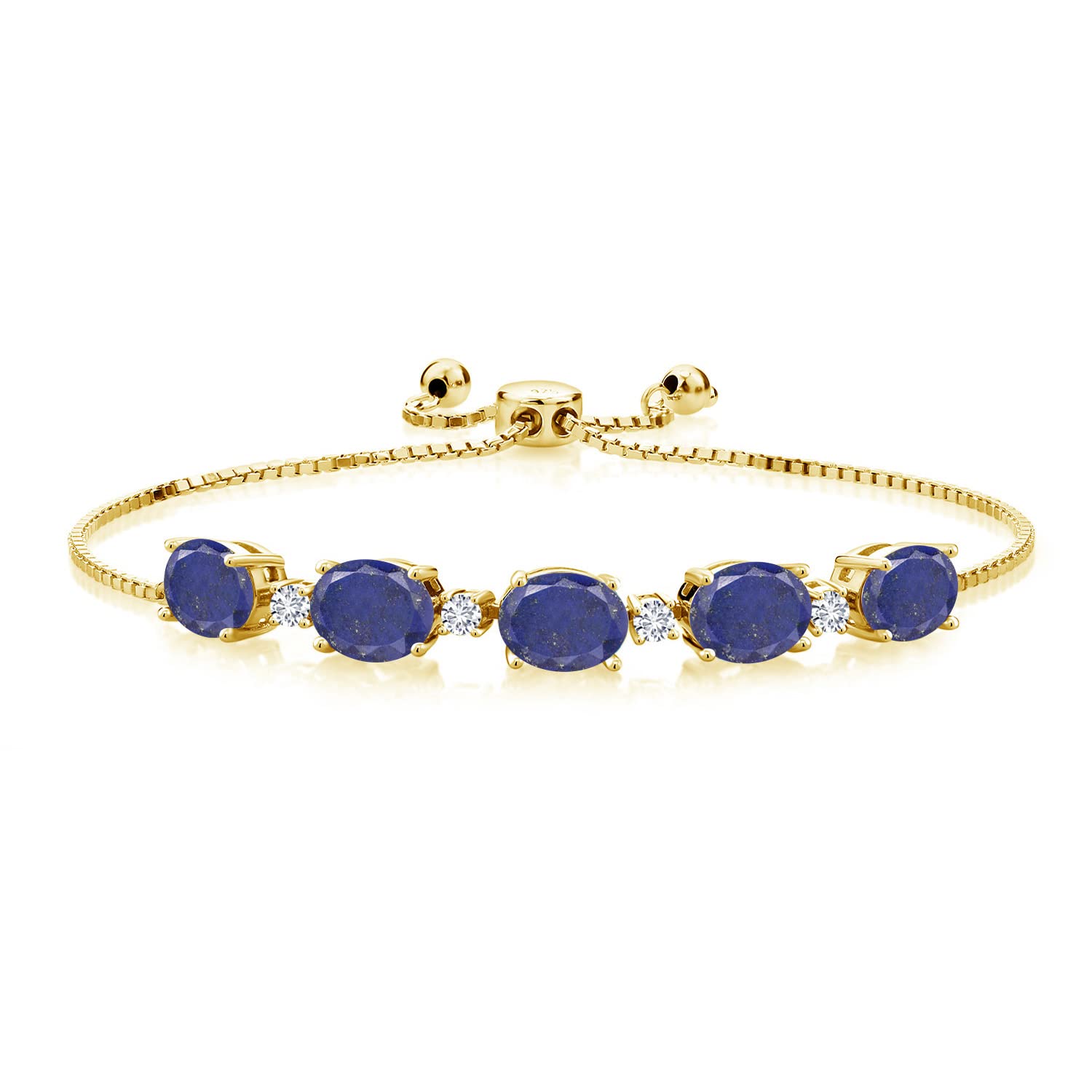 Gem Stone King 18K Yellow Gold Plated Silver Oval Blue Lapis and White Moissanite Tennis Bracelet For Women (7.26 Cttw, Fully Adjustable Up to 9 Inch)