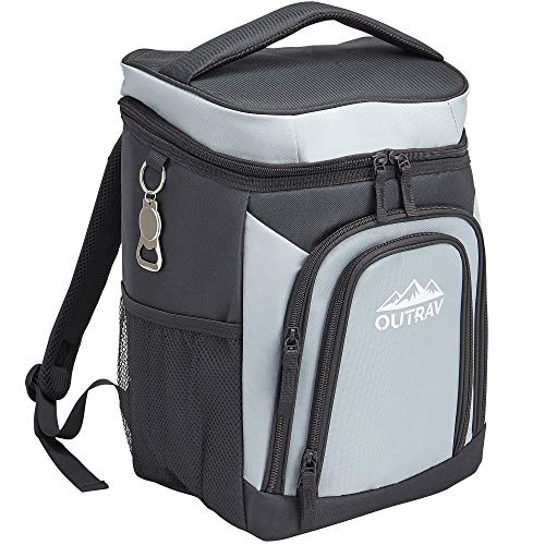 Grey Backpack Cooler Bag with Bottle Opener β Fully Insulated Thermal 16 Can Tote - Padded Back and Shoulder Strap - Front Zipper and Mesh Water Bottle Pockets β by Outrav