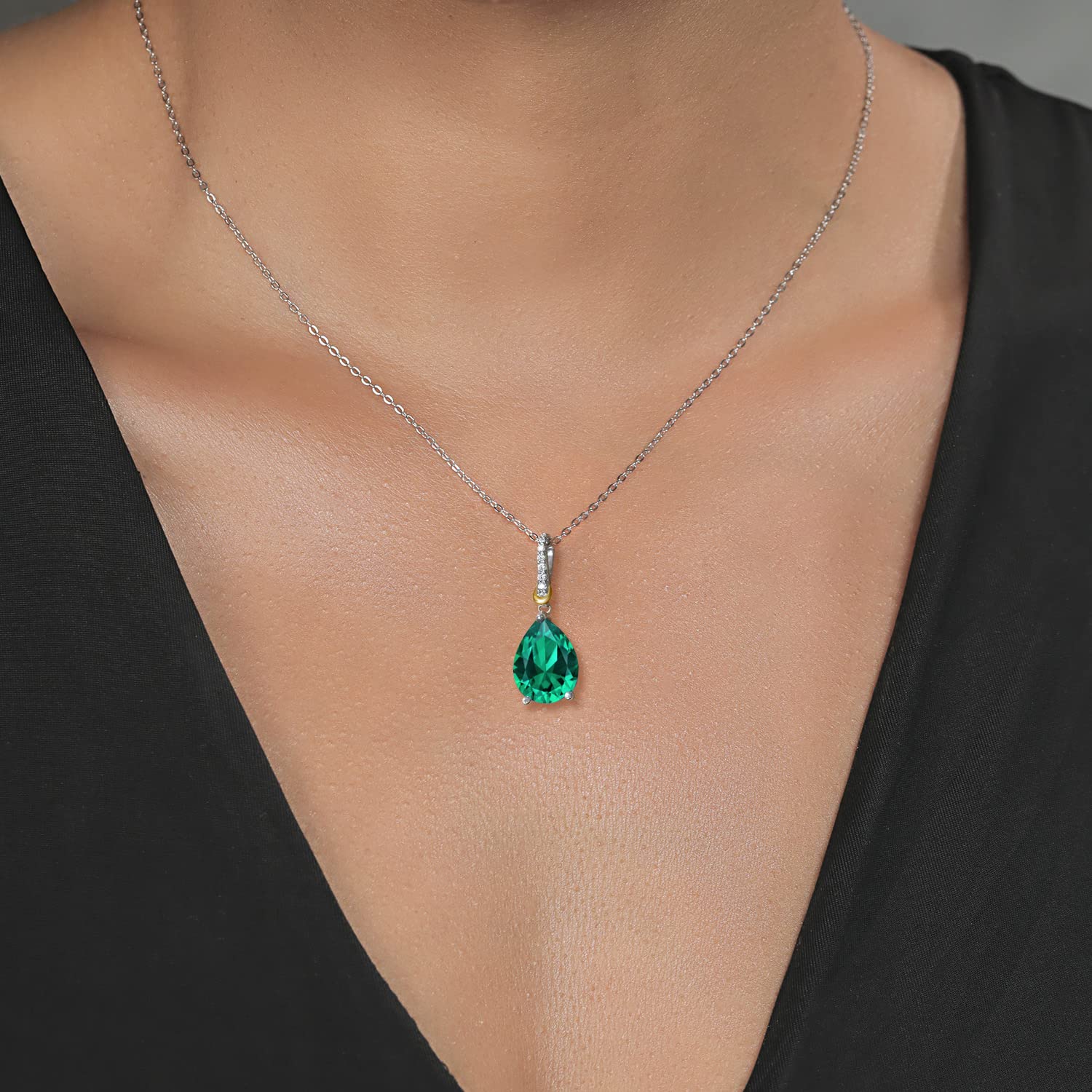 Gem Stone King 925 Silver and 10K Yellow Gold Pendant with Chain Pear Shape Green Nano Emerald Moissanite (8.31 Cttw)
