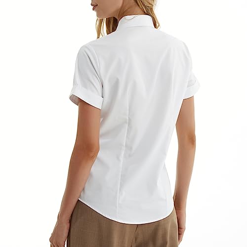 MKolour Womens White Short Sleeve Button Down Shirts - Work Blouses for Office, Casual Collared Work Shirts for Women