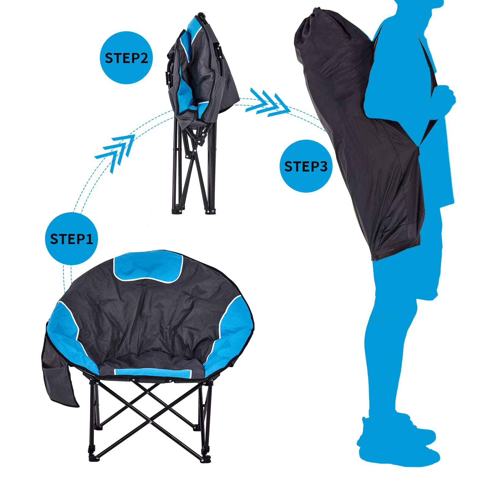 EUROSAKURA Oversized Moon Chair Folding Camping Chair Round Portable Camp Chair Comfortable Outdoor Chair (Blue)