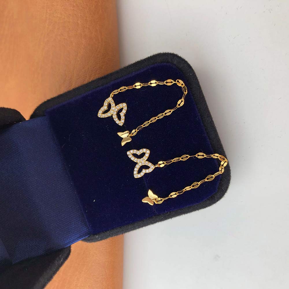 Double Butterfly Chain Cuff Wrap CZ 925 Sterling Silver Stud Crawler Climber Earrings for Women Cartilage Threader Tassel Dangle Hypoallergenic Cute Animal Gifts for Bff Birthday (Gold)