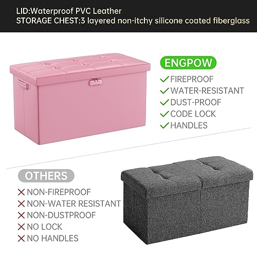 ENGPOW Storage Ottoman Bench,Fireproof Folding Storage Bench with Lock,30 Inches Fire＆Water Resistant Storage Chest Foot Rest Stool Leather Bedroom Bench with Storage Safe for Document,Valuables,Pink