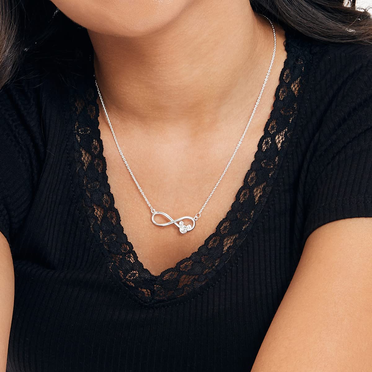Disney Mickey Mouse Jewelry for Women, Infinity Necklace and Hoop Dangle Earrings Set, Crystal Accents, Silver Plated, 18"