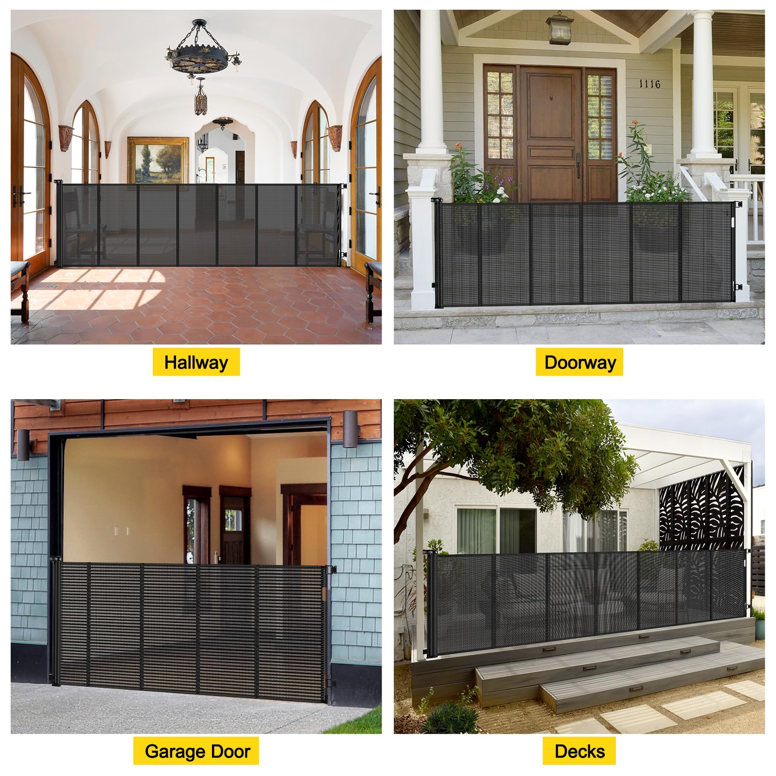 Enhanced 42” Extra Tall & 80” Wide Retractable Baby Gates with Rods to Prevent Crawling Through, Extra Tall Pet Gate for Large Openings Indoor Long Mesh Dog Gate for Stairs and Doorways, Black
