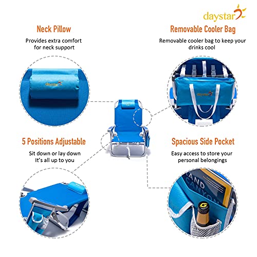 SUNNYFEEL Low Beach Chair 5 Position Lay Flat, Portable Folding Backpack Beach Chairs Heavy Duty with Cooler Bag, Cup Holder for Outdoor/Lawn/Trip/Picnic/Fishing, Foldable Camping Chair (New Blue)