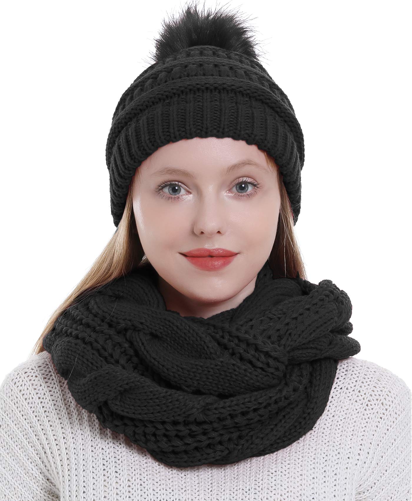 Double Couple Womens Scarf Beanie Hat with Faux Fur Ball Set Thick Winter Cable Knitted Circle Loop Infinity Scarfs for Women (Black Pom Pom Set)