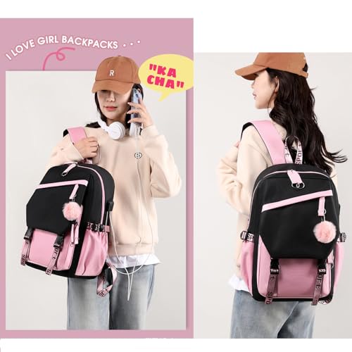 Cute Girls Student Backpack Fashion Laptop bag School Bookbag Travel Backpack with USB Charging Port and Headphone Port (Pink 1)