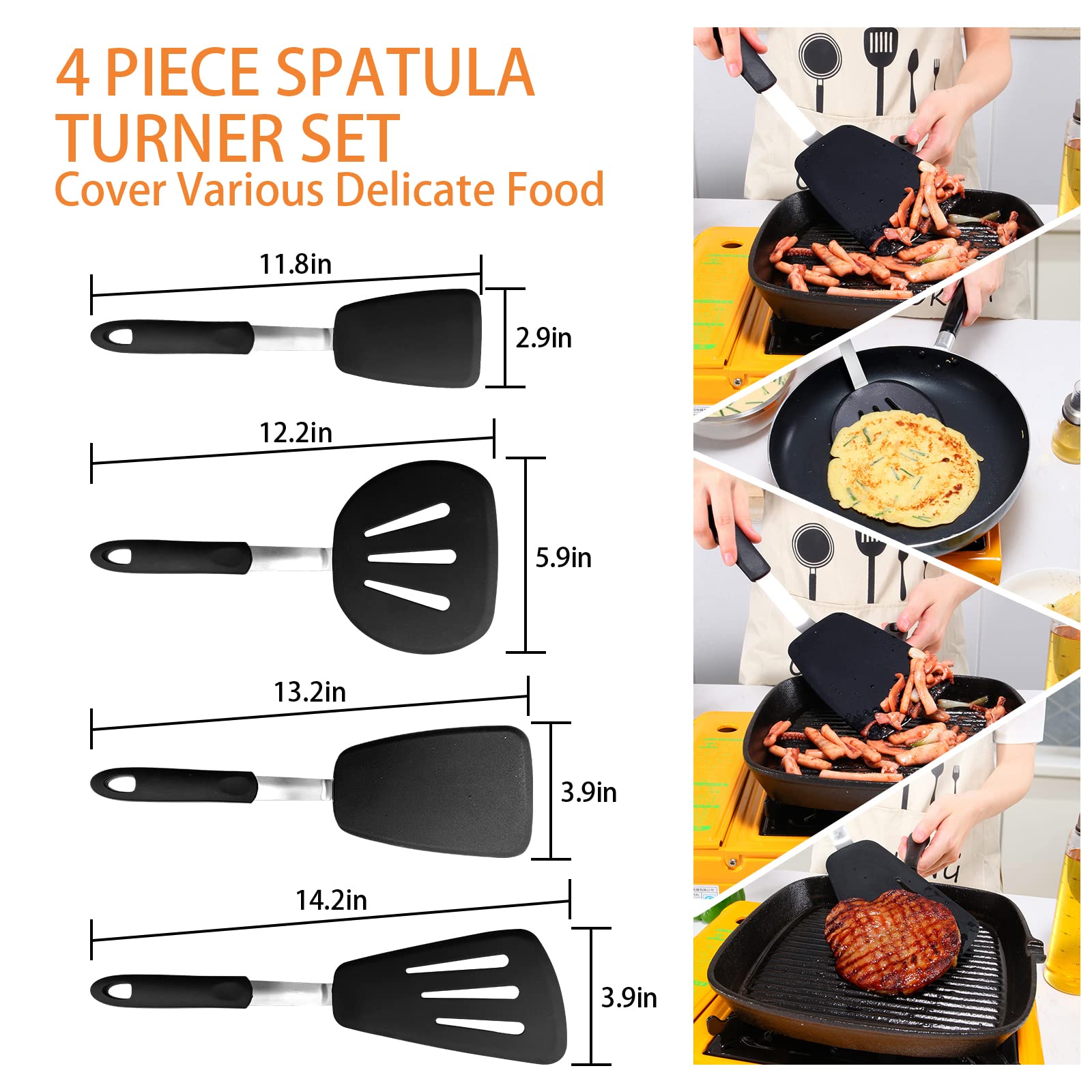 Daily Kitchen Utensil Set Silicone,Heat Resistant Cooking Utensils for Non Stick Cookware Spatula and Spoons Set Kitchen Tools for Baking Frying 4-Piece Set(Black)